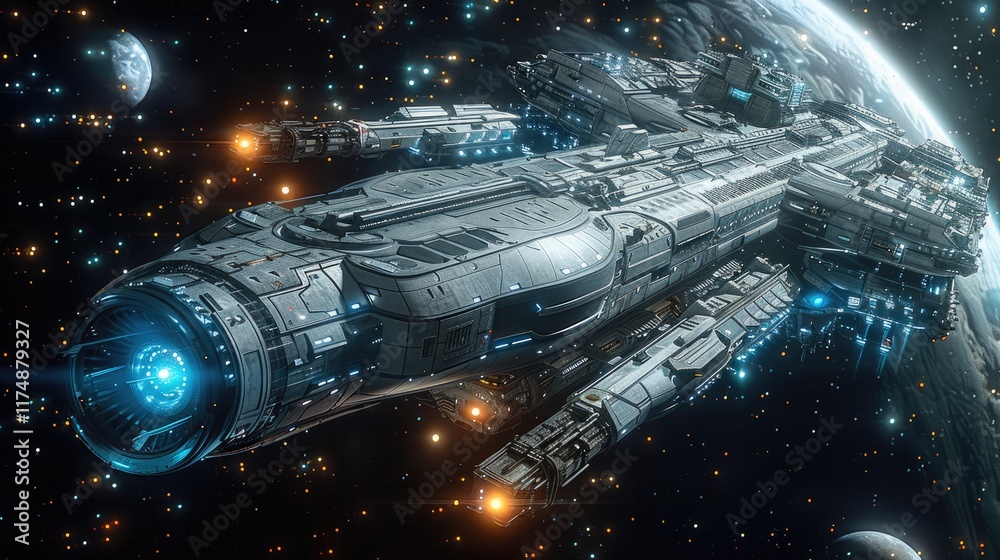 A futuristic space station where massive spaceships are build. The ...
