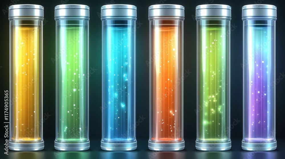 Vivid colors glow in these sleek glass cylinders. Perfect for sci-fi scenes, lab settings, or ...