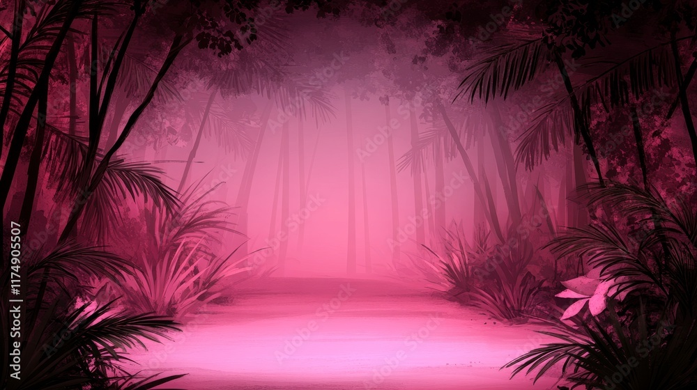 Ethereal Pink Forest Path A Surreal, Fog-Shrouded Jungle Scene Stock ...