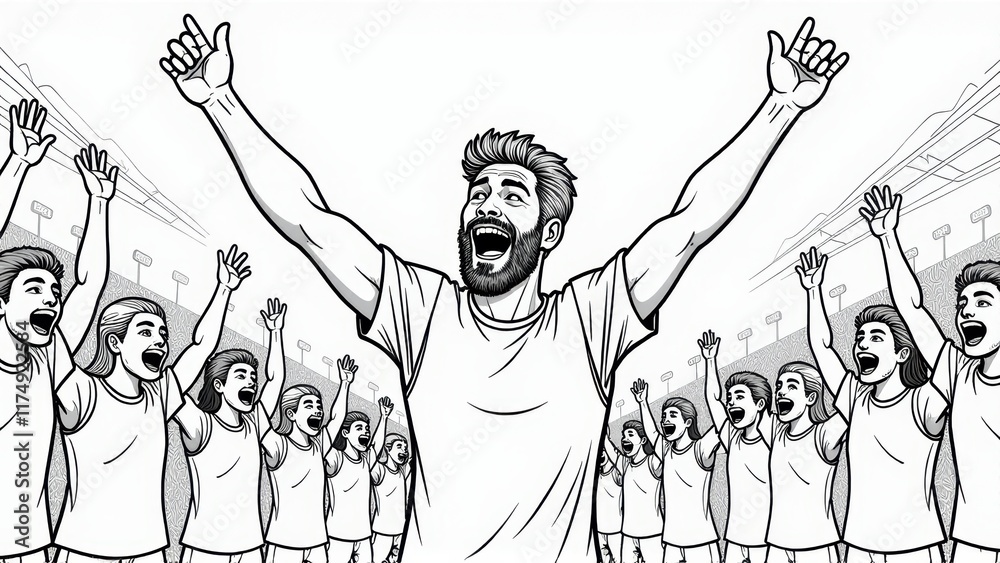 Foto de Stock Euphoric Fan Surrounded by Cheering Crowd at Stadium ...