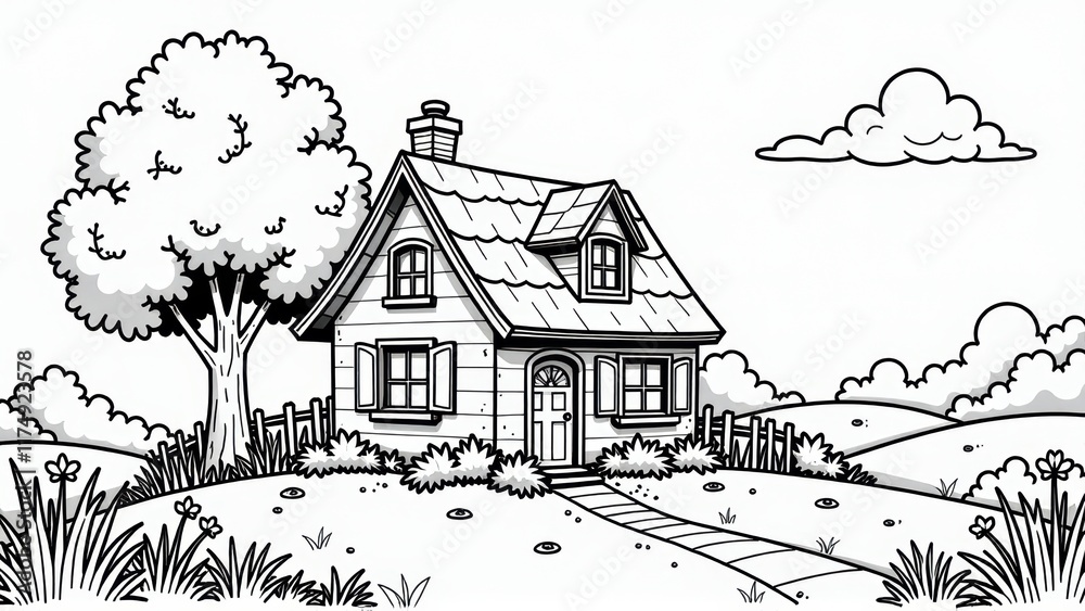 Cute Cottage Coloring Page Illustration, Coloring Page, Line Art ...