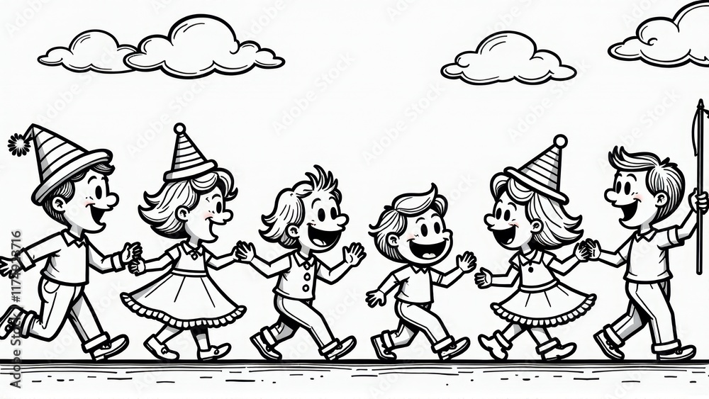 Happy Children's Parade, Coloring Page, Line Art Illustration, isolated ...