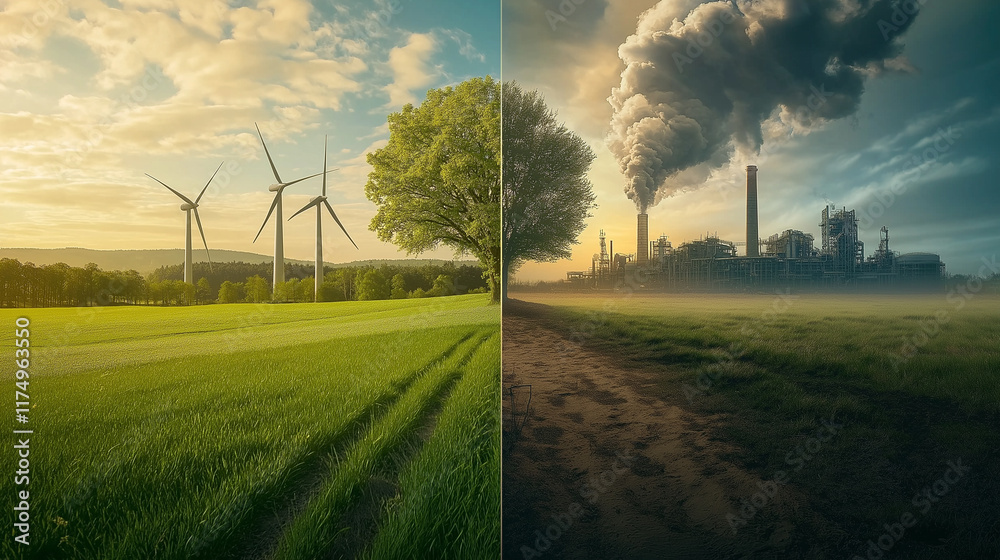 Side by side image of wind turbines and a pollution heavy factory ...