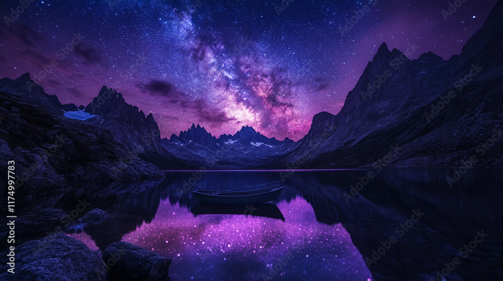 Majestic starry night over mountains and a calm lake with a boat ...