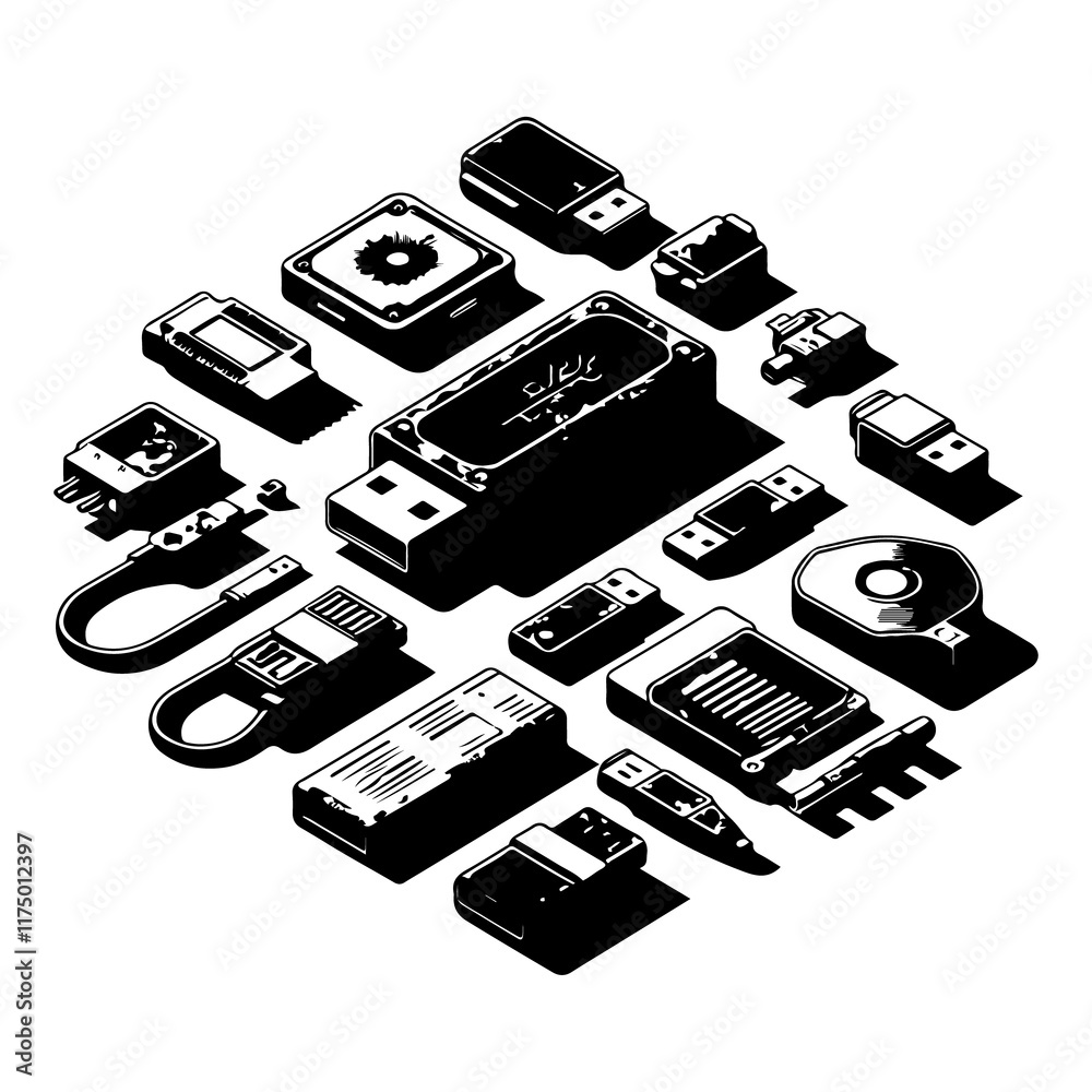 Vector silhouette USB drive isometric on an isolated white background ...