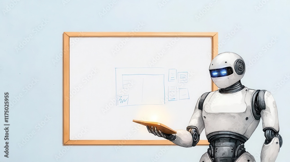 Watercolor humanoid robot presenting ideas on a glowing whiteboard in a ...