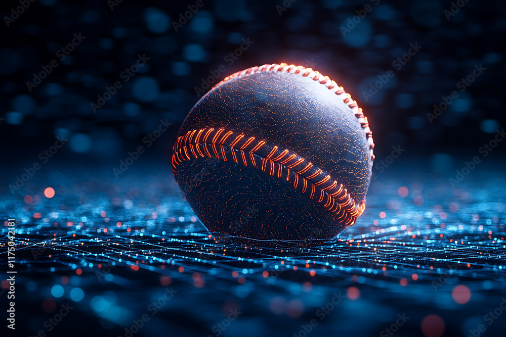 Glowing wireframe baseball featuring red stitching, highlighted by a ...