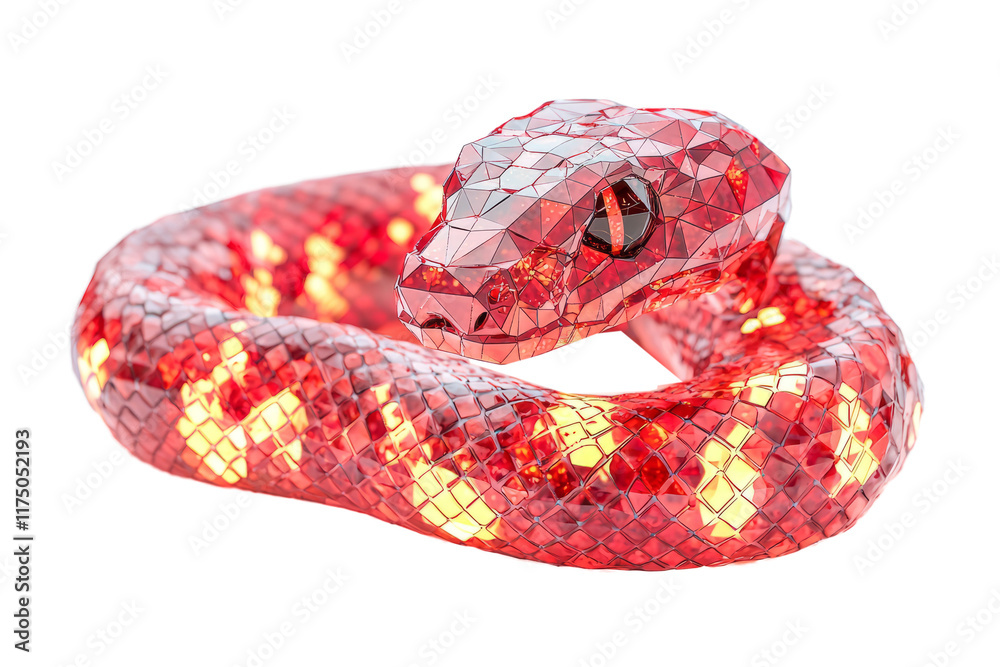 Snake with glowing crimson diamond-shaped patterns,low poly on a white ...