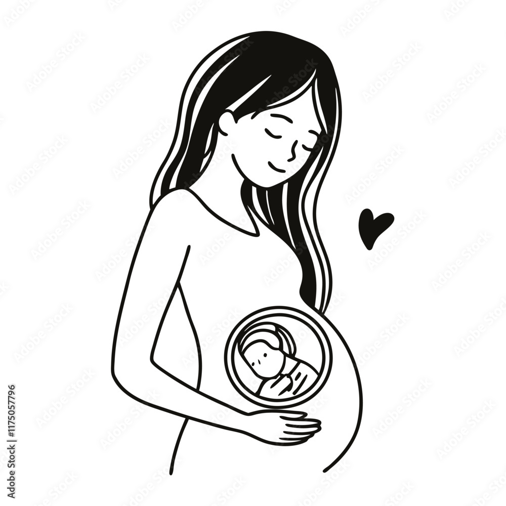 Pregnant Woman with embryo in one continuous line drawing. Healthy ...