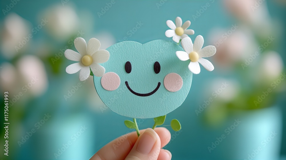 Whimsical smiling leaf with blossoms on blue background: a symbol of ...