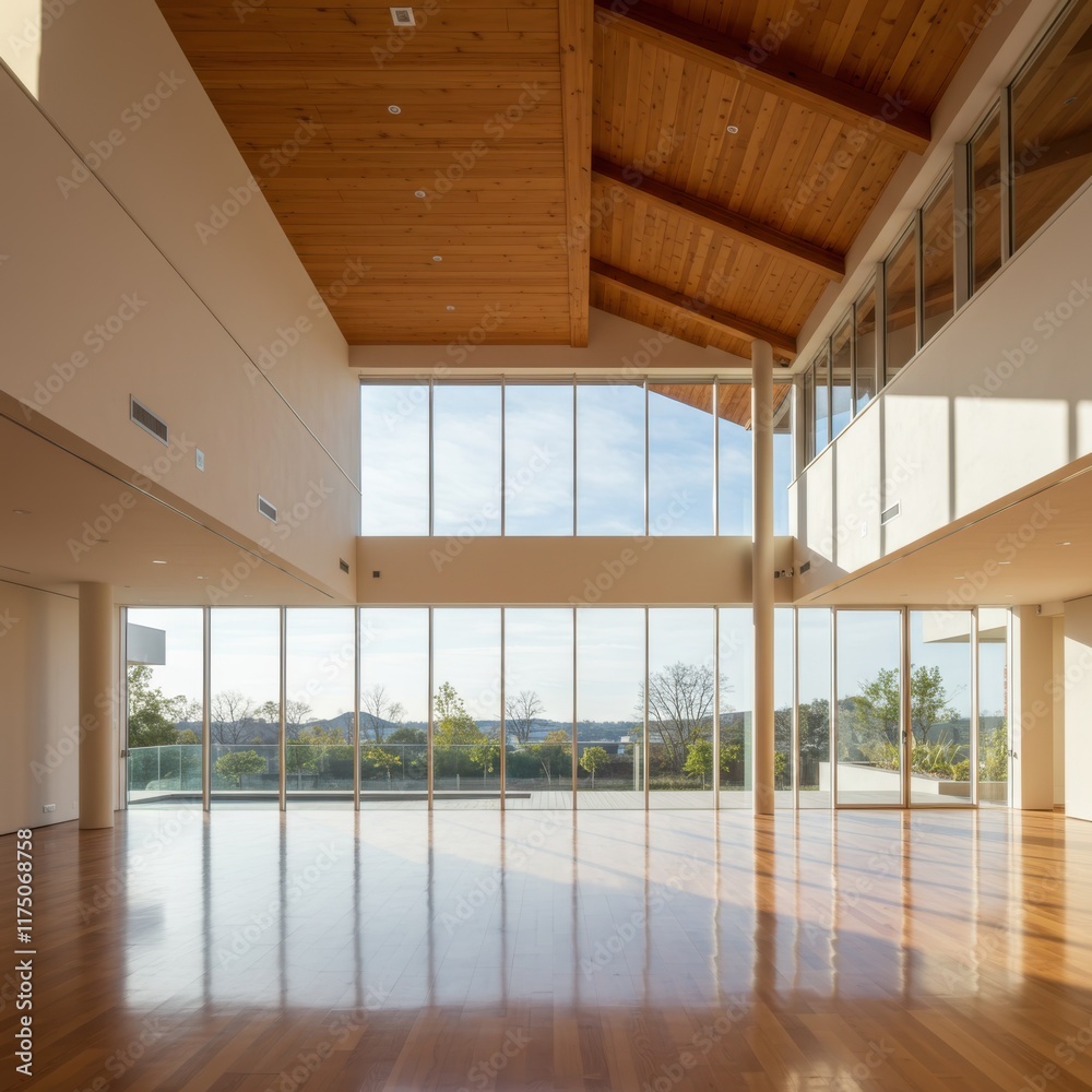 Modern open plan interior, floor-to-ceiling windows, natural light ...