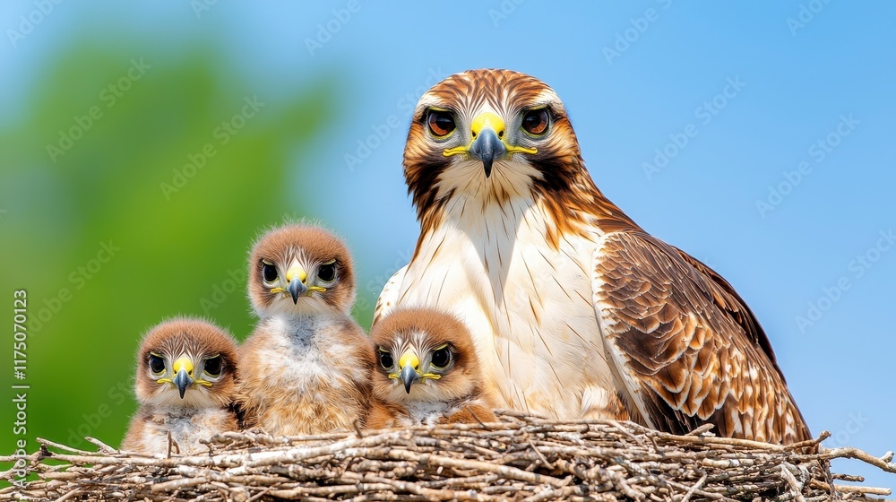 Birds in action a mother hawk with nesting chicks natural habitat ...