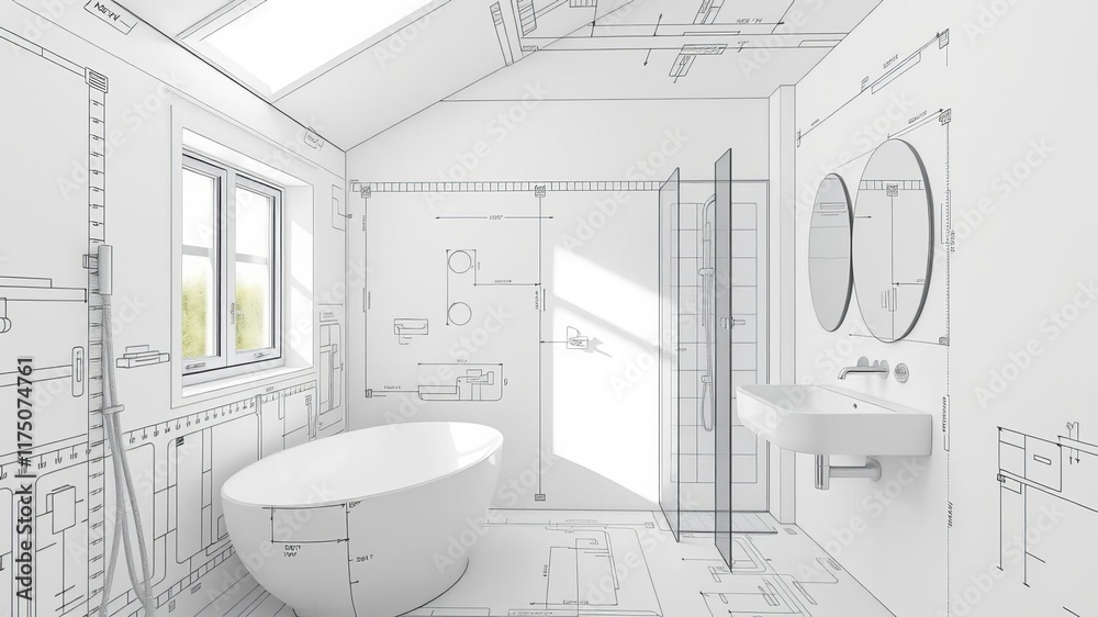 Blueprint sketch of a modern bathroom renovation project with ...