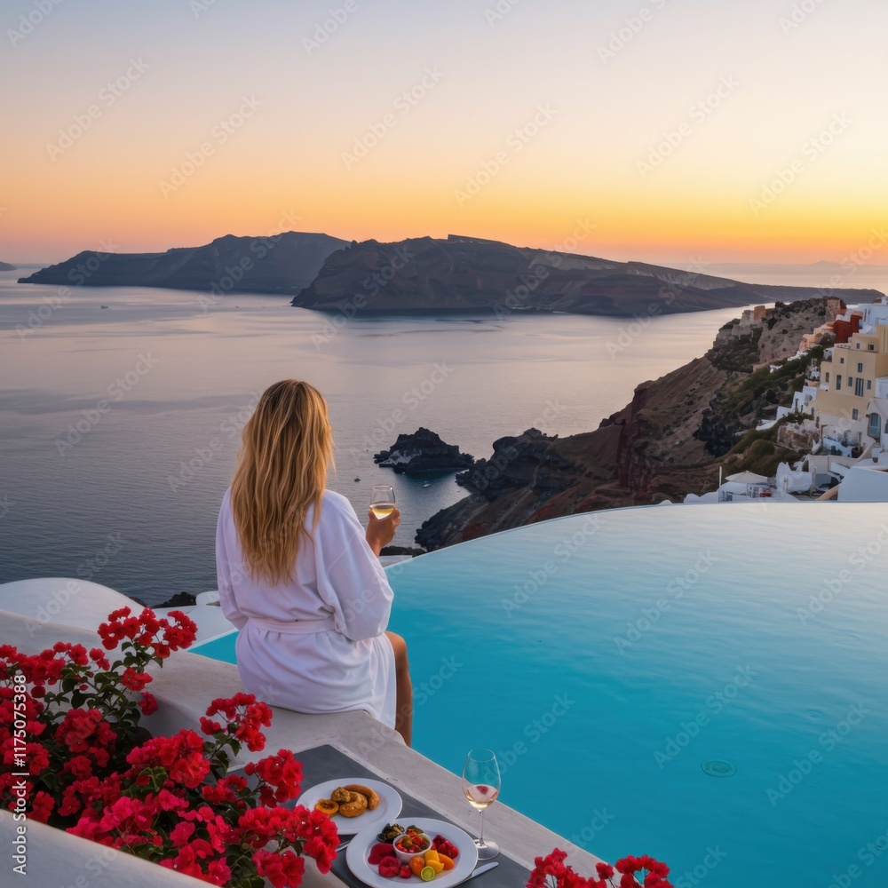 Santorini sunset, infinity pool, white buildings, Greek island, coastal ...