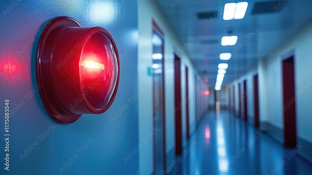 A fire alarm bell ringing loudly in a corridor, with clear signs ...
