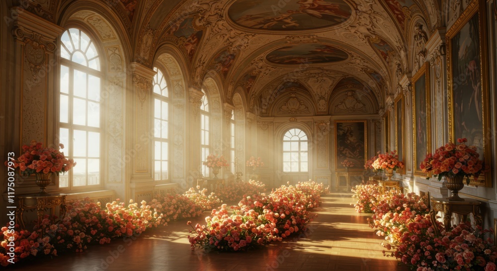Ornate palace hallway, grand arched ceiling, golden sunlight streaming ...