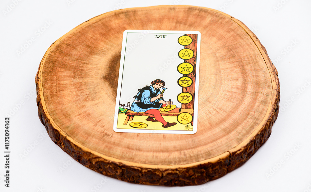 Tarot card. Minor Arcana Eight of Pentacles. vintage style. Occult ...