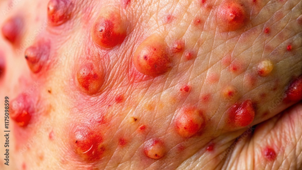 Red, swollen, itchy skin reaction from chigger bites on human leg close ...