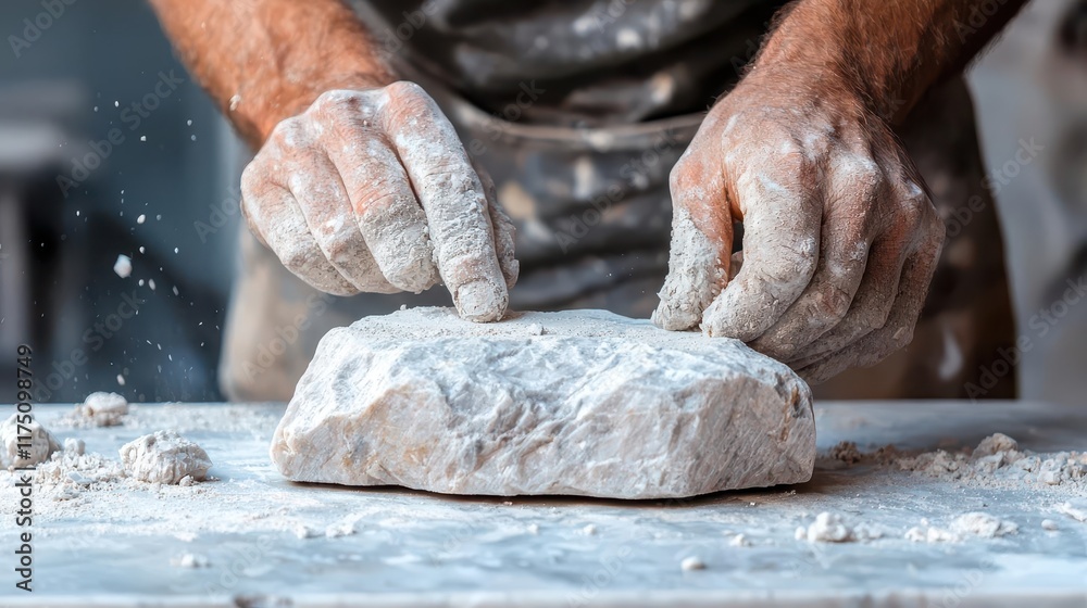 Sculptor chiseling fine details into marble over days of labor, art ...