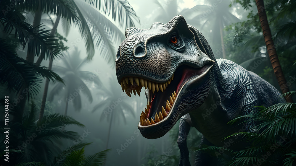 Dinosaur t-rex portrait deep jungle rainforest fern trees realistic ...