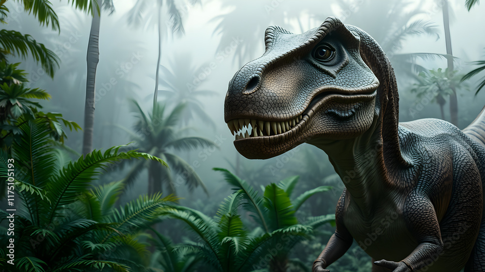 Dinosaur t-rex portrait deep jungle rainforest fern trees realistic ...