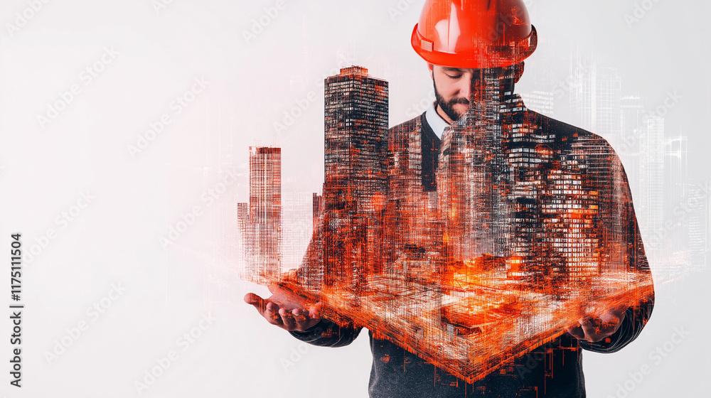 Architect Vision: A visionary architect, clad in a red hard hat, holds ...