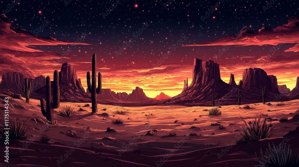 Pixel art desert sunset landscape with cacti and starry night sky Stock ...
