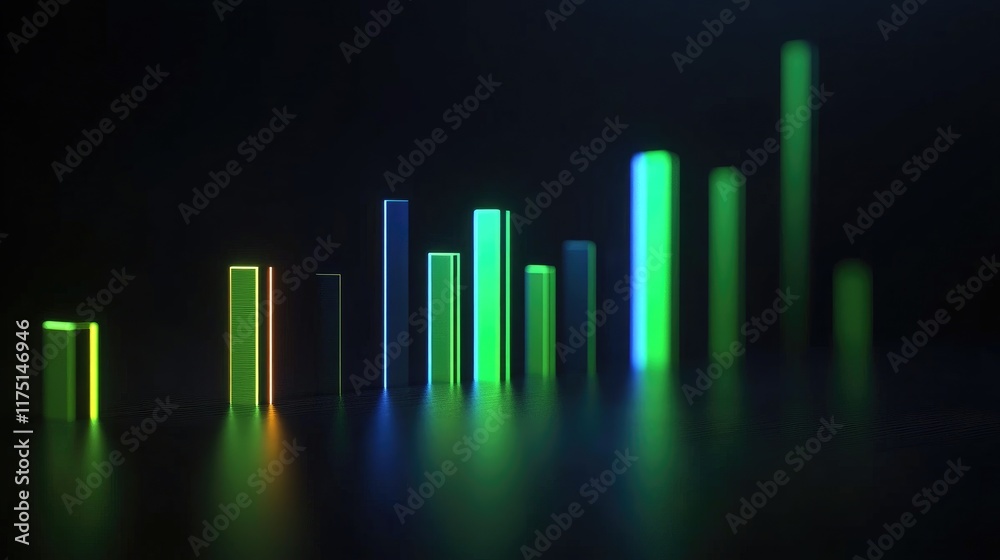 Blue and green bar chart with columns of varying heights, glowing on a ...