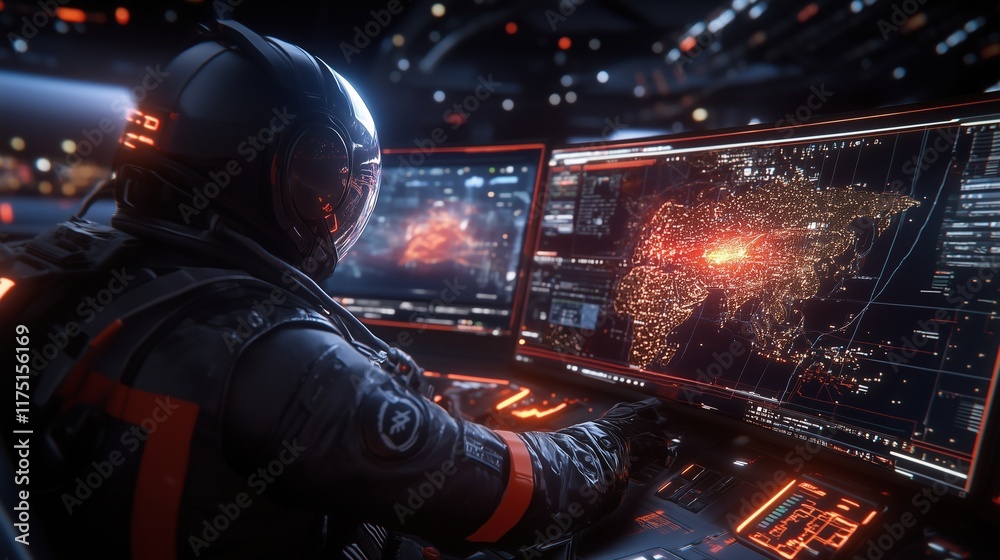 Astronaut Monitors Data on Futuristic Computer Displays in Spaceship ...