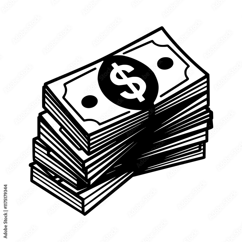 Vector de Stock Stack of Money Illustration, Black and White Dollar ...