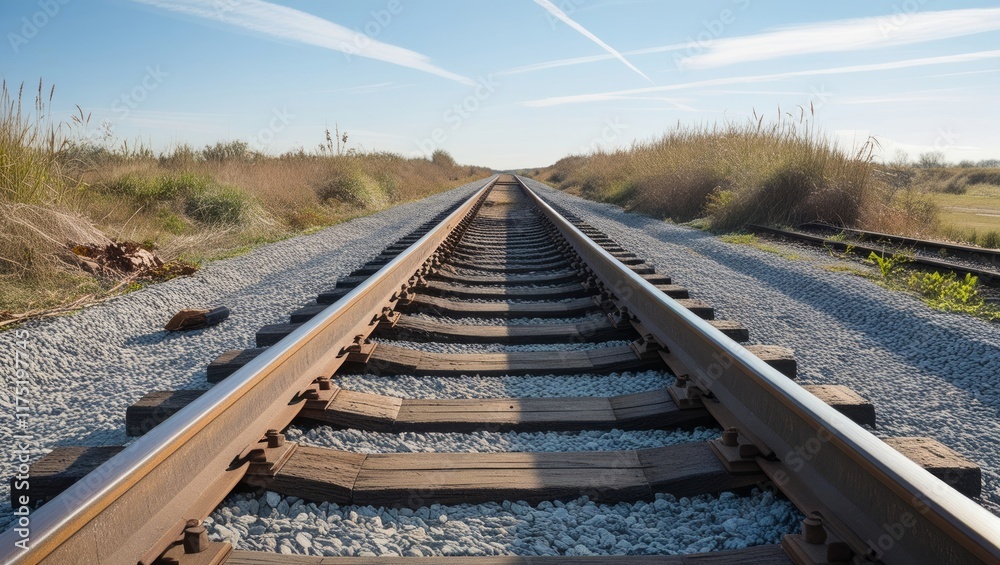 traight railroad track with wooden sleepers and cast iron rails covered ...