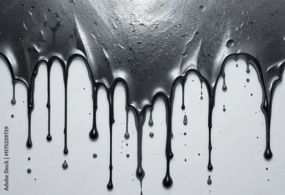liquid dripping, metallic silver paint, glossy texture, white ...
