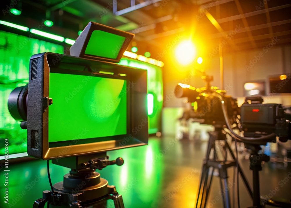 Silhouette of Studio Camera Monitor & Green Screen in TV Broadcast ...