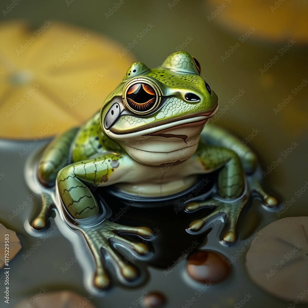 An amphibian of a vibrant green hue is observed basking within a ...