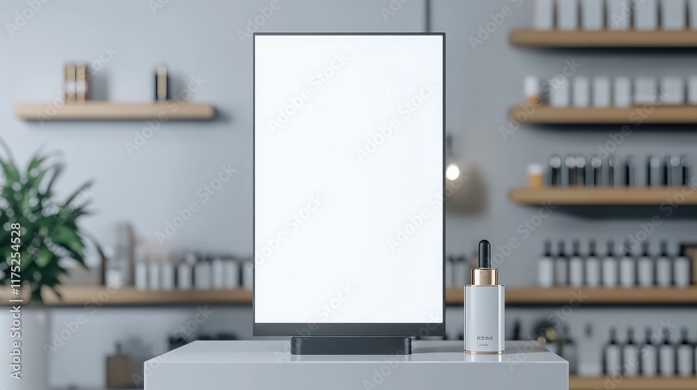 Blank vertical sign mockup in modern store interior with shelves of ...