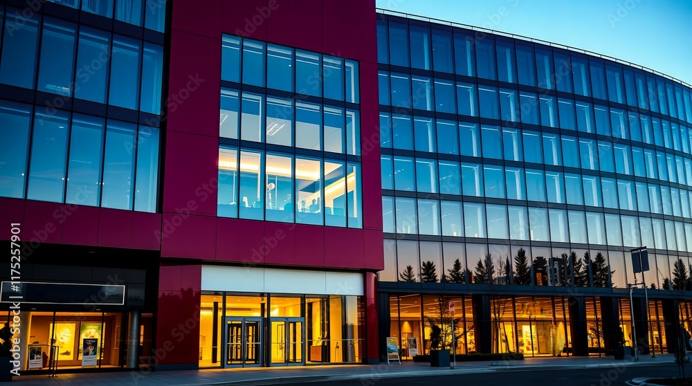 Vibrant view of a modern shopping mall exterior with illuminated shops ...