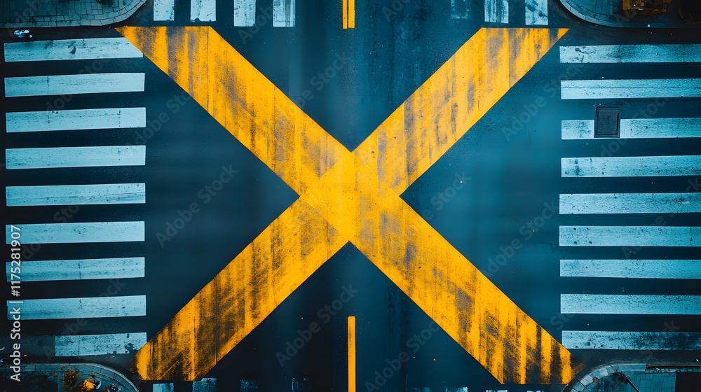 Overhead urban intersection view shows yellow X road markings and zebra ...