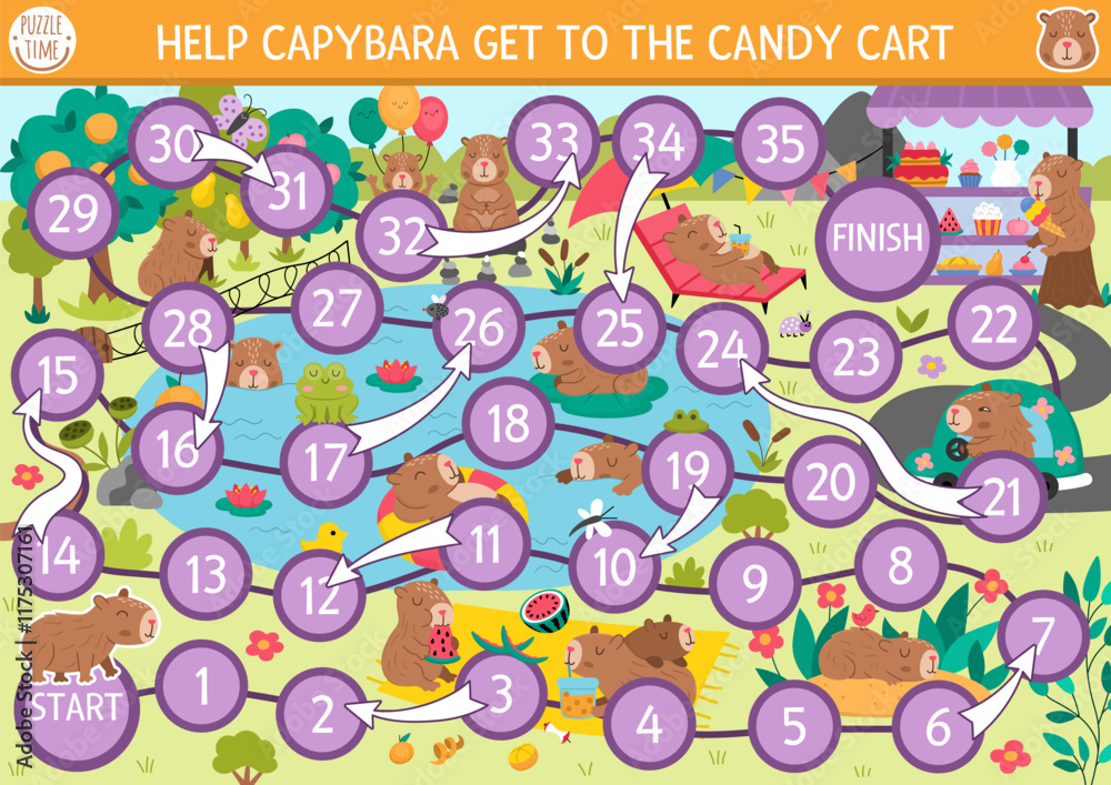 Capybara dice board game for children with nature background. Capibara ...