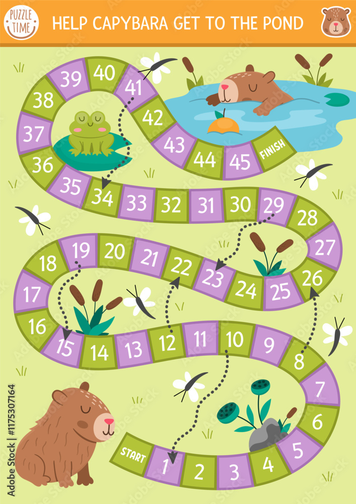 Capybara dice board game for children with nature background. Capibara ...