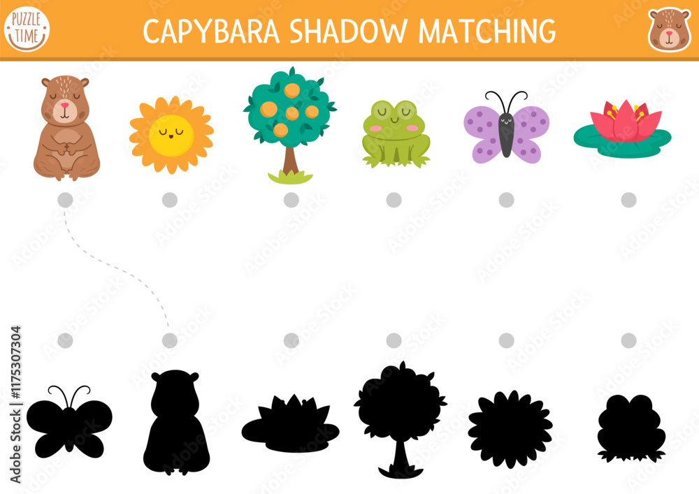 Capibara shadow matching activity. Capybara symbols shape recognition ...