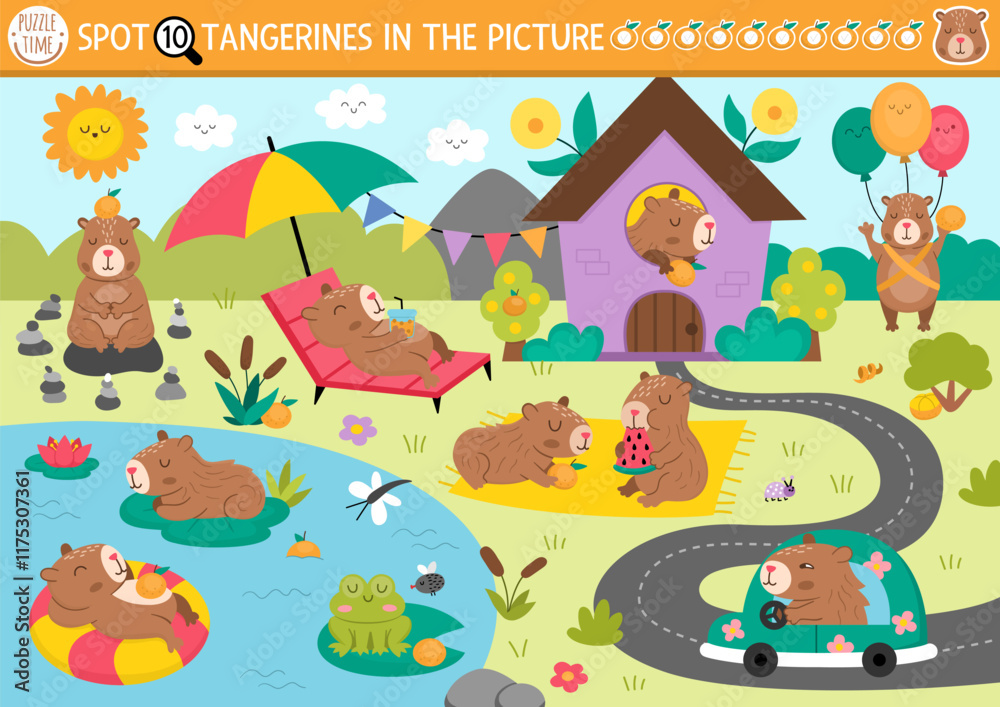 Vector capybara searching game with summer landscape, pond. Spot hidden ...