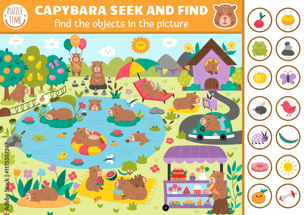 Capybara vector searching game with summer village landscape. Spot ...