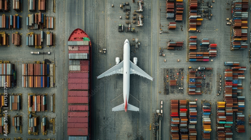Cargo aircraft and container ship side by side in a busy industrial ...