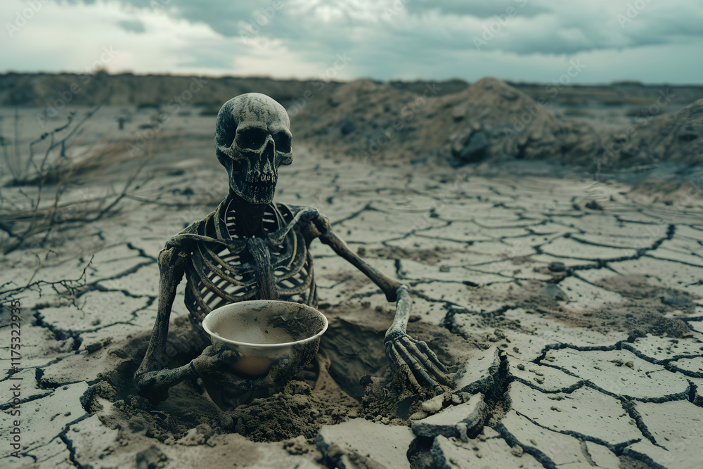 Emaciated Figure in Barren Landscape Illustrates the Stark Reality of ...