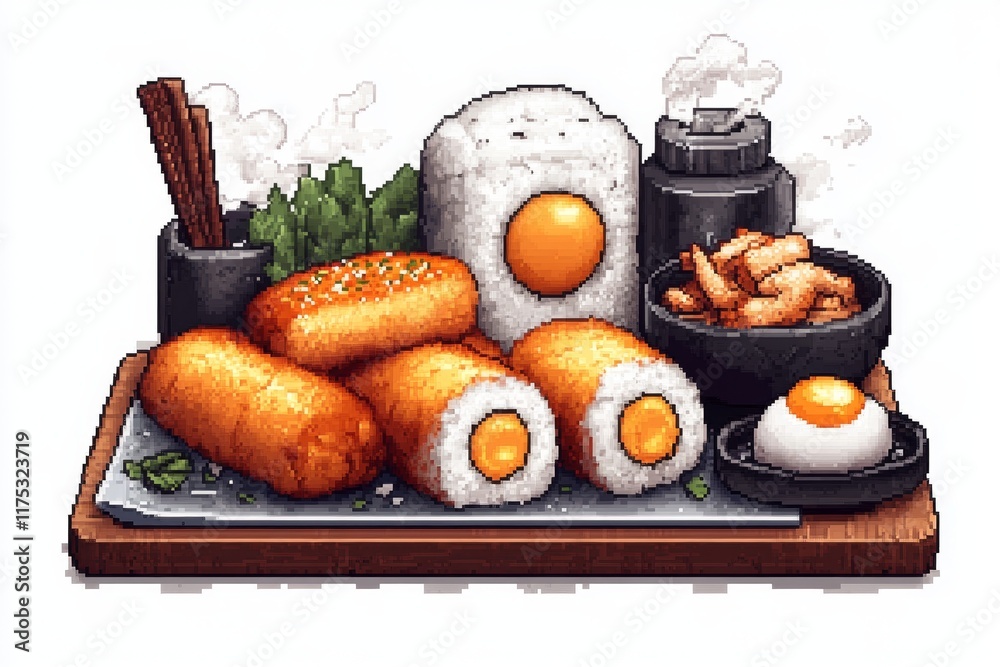 A pixel art table filled with Korean street food, including tteokbokki ...