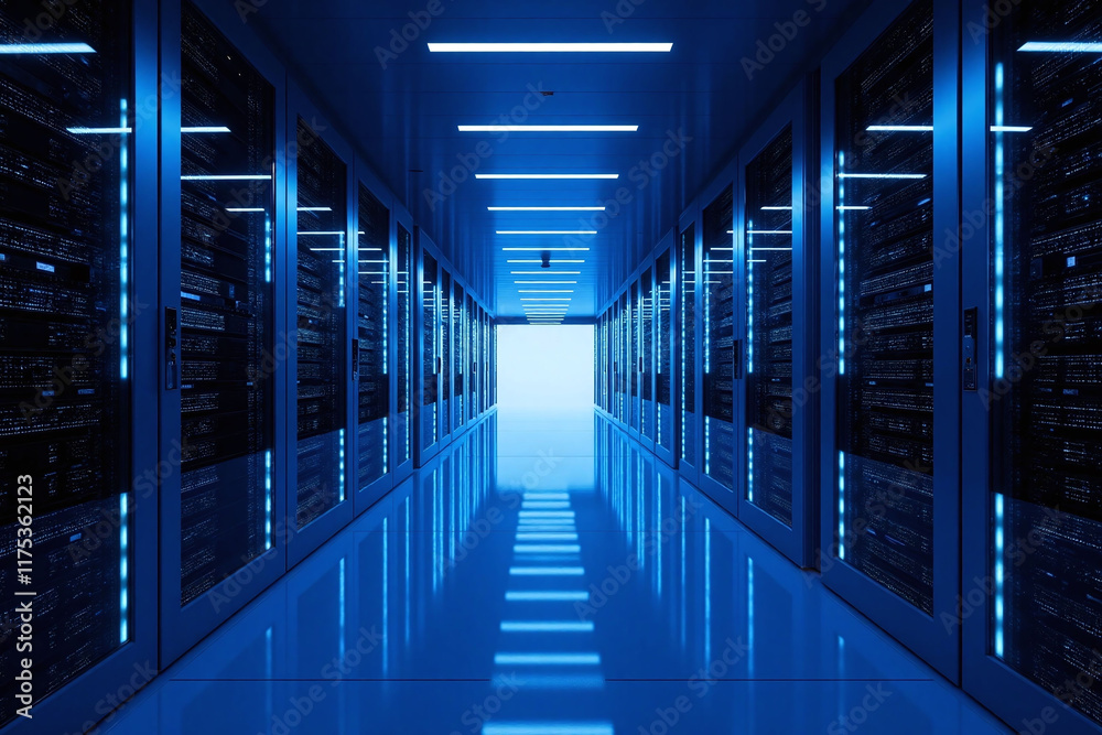 high tech futuristic data center server room corridor racks Stock Photo ...