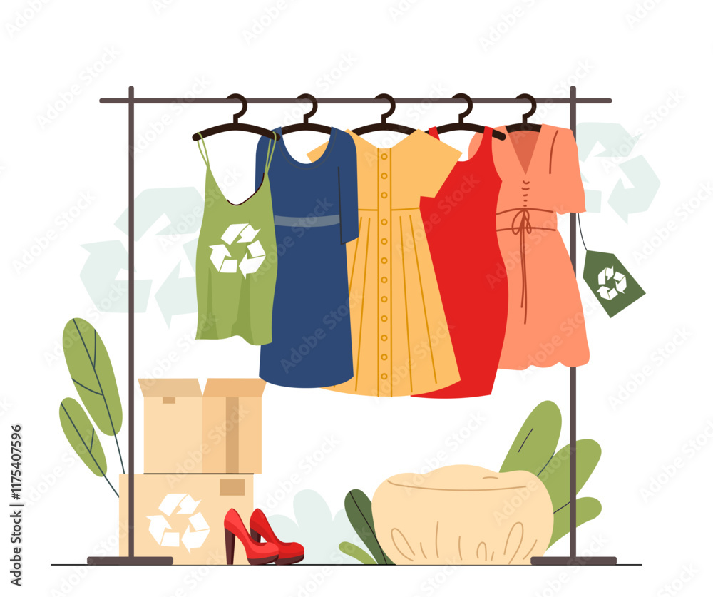 Sustainable fashion clothes. Hangers with clothes made from recycled ...