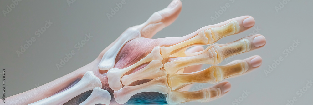 A detailed anatomical illustration of a human hand showing bones and ...