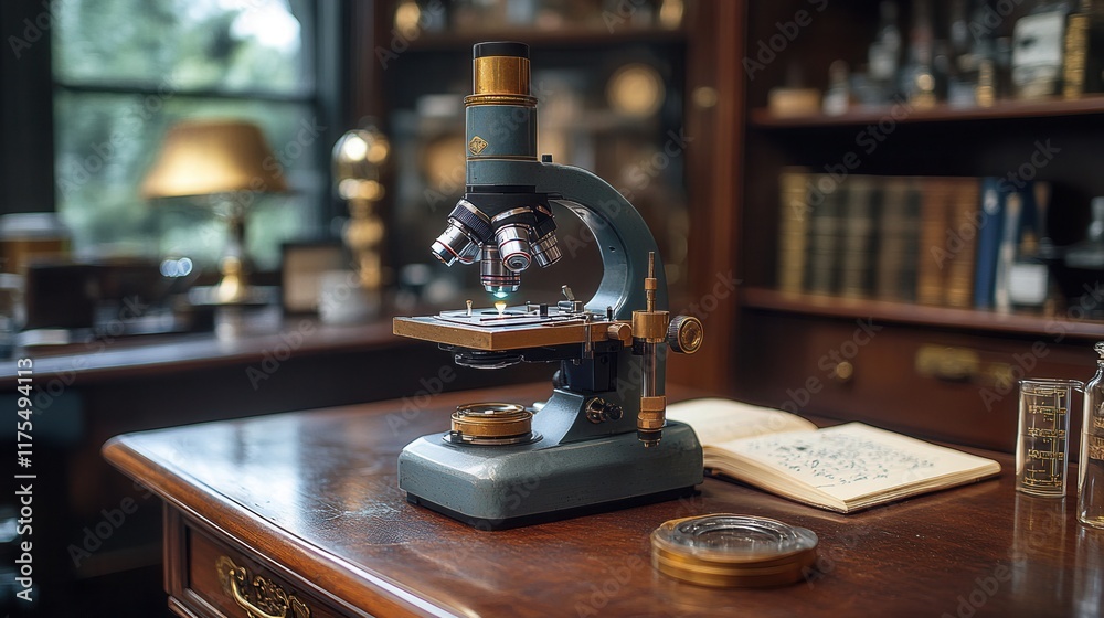 Microscope Setup with Sample and Lab Journal on Desk, Detailed ...