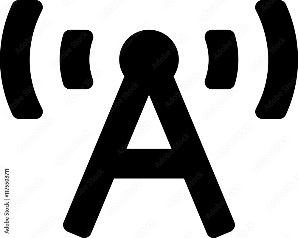 flat broadcast tower icon black solid radio signal symbol transmission ...